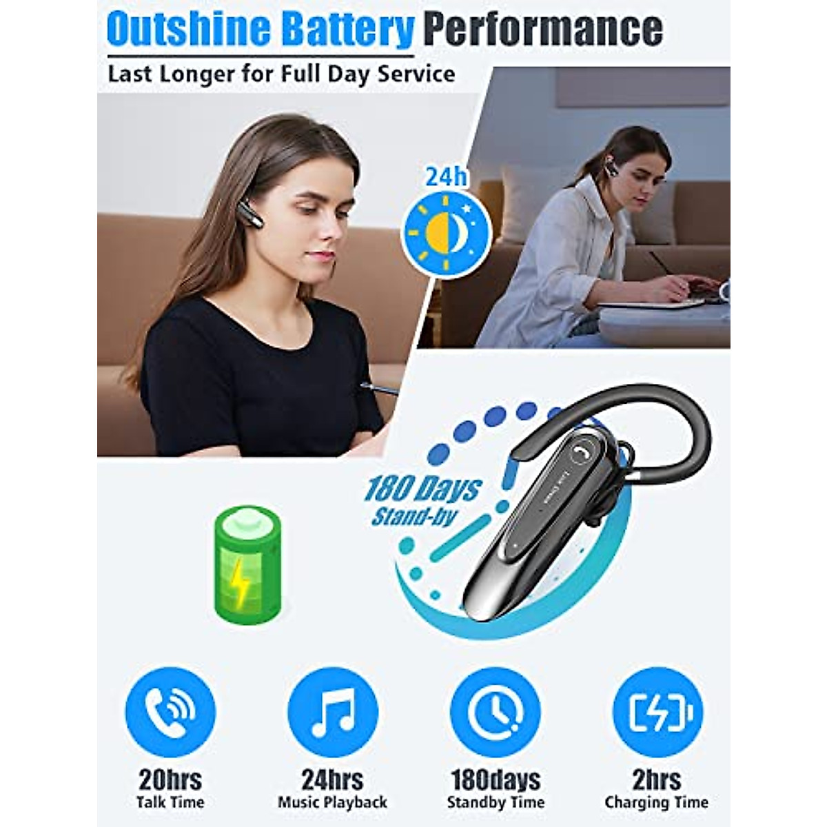 Link Dream Bluetooth Earpiece Wireless CVC8.0 Headset for Cell Phone Dual Mic Noise Canceling Handsfree Phone Earpiece with Mute 20Hrs Talk Time 180 Days Standby for iPhone Android Home Office Driving