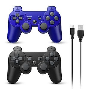 Powerextra Wireless Controller for PS3, 2 Pack High Performance Gaming Controller with Upgraded Joystick Double Shock for Play-Station 3 (Black and Blue)