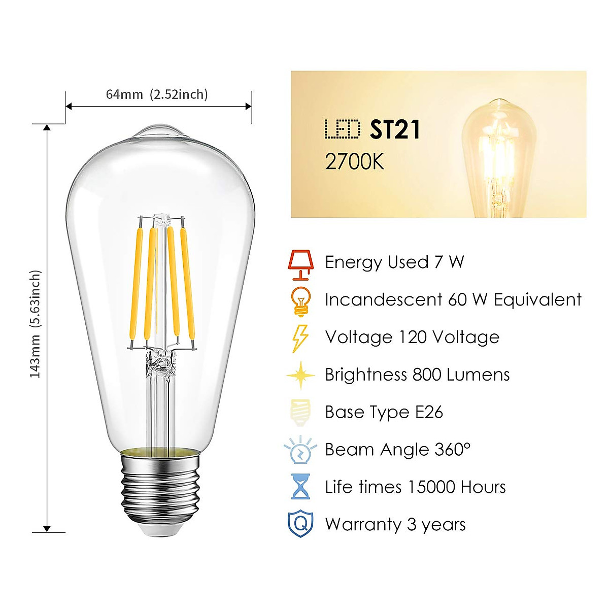 LVWIT ST21 LED Filament Bulb 7W(60 Watt Equivalent) Dimmable 2700K Warm White Vintage Edison Light Bulb E26 Medium Base (6-Pack)