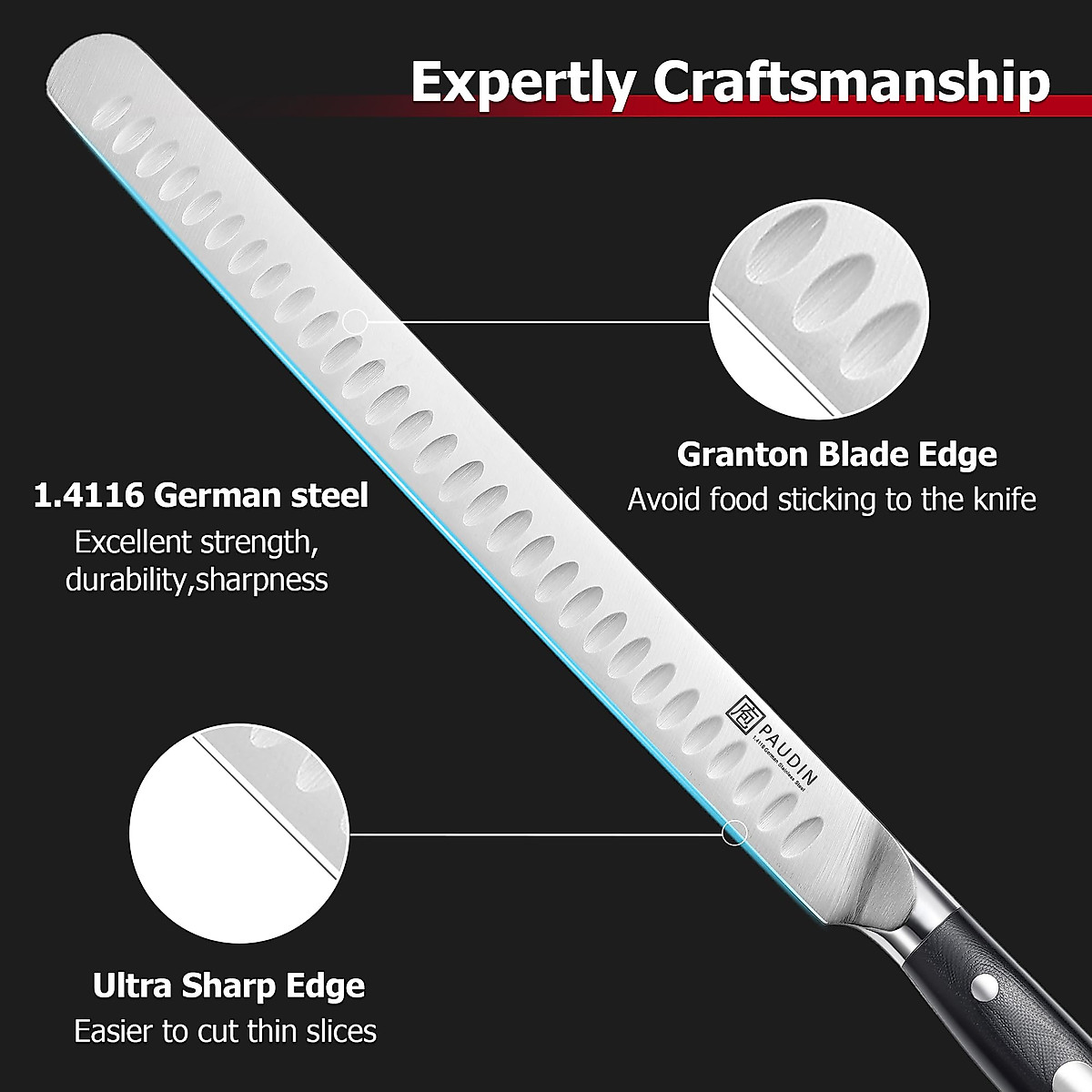 PAUDIN 12 Inch Slicing Knife and Carving Knife Set, German Steel, Full Tang G10 Handle