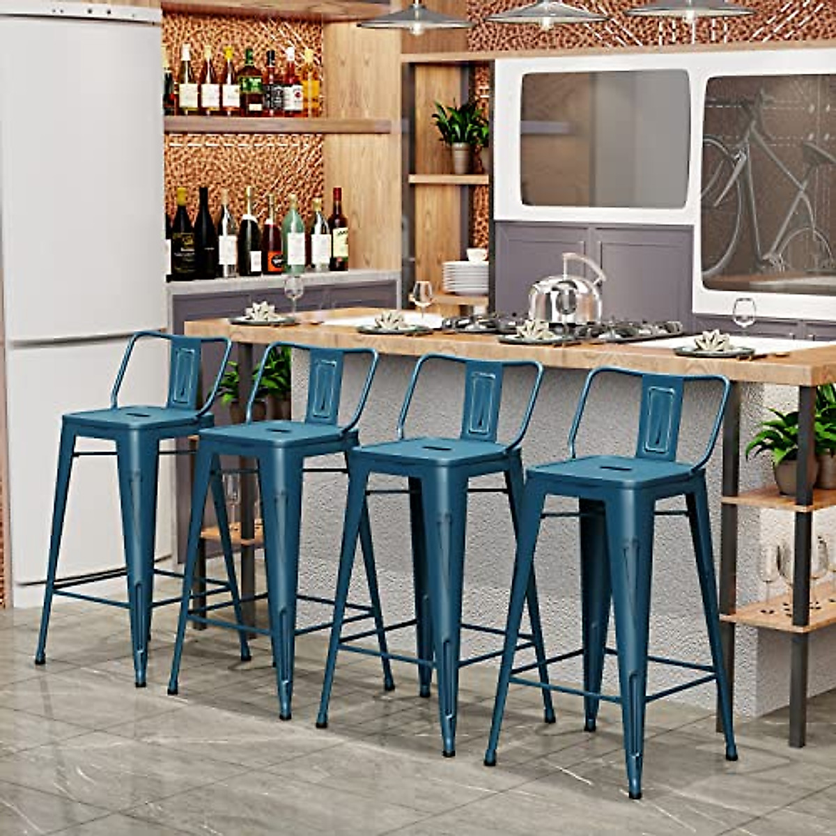 Aklaus Metal Bar Stools Set of 4 Barstools Counter Height Bar Stools with Back Industrial Bar Stools Indoor Outdoor Kitchen Dining Chairs Modern Bar Chairs Distressed Navy Blue 24inch Stools