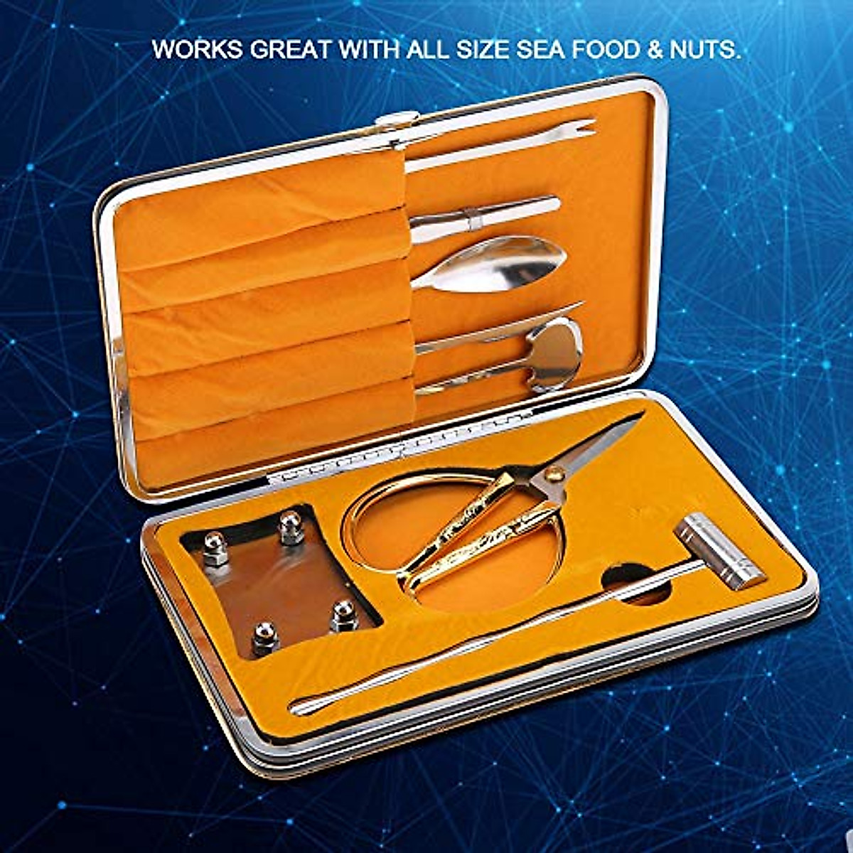 Crab Tool, 8Pcs Crab Leg Crackers and Tools Stainless Steel Nut Lobster Cracker Opener Set Seafood Claw Tool Set Hammer Spoon Shaving Scissors Axe Fork Tweezers Little Chopping Block with Package Box