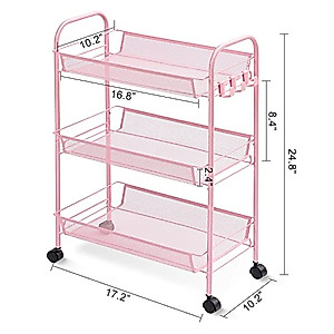 TOOLF 3-Tier Metal Rolling Cart, Mesh Wire Easy Assemble Utility Cart, Storage Trolley on Wheels with Hooks, Tiered Storage Shelving Organizer for Kitchen Bathroom Laundry Room