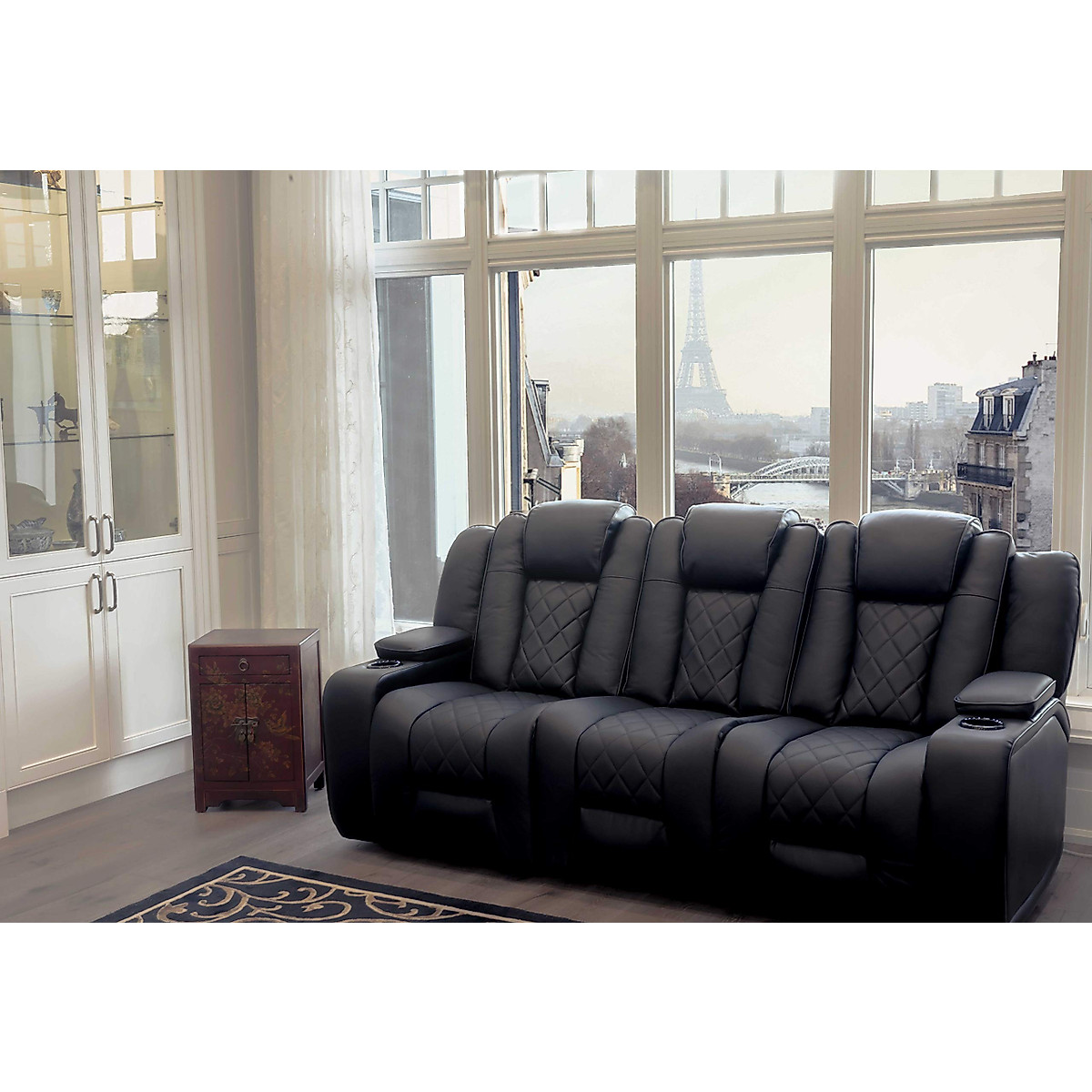 Valencia Oxford Home Theater Seating | 11000 Top Grain Black Leather, Power Recliner, with Drop Down Center Console (Row of 3)