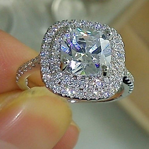 CTDFJRYFF Fashion Ring Cushion Cut 5ct 5A Zircon Stone 925 Silver Engagement Wedding Band Ring for Women（9）