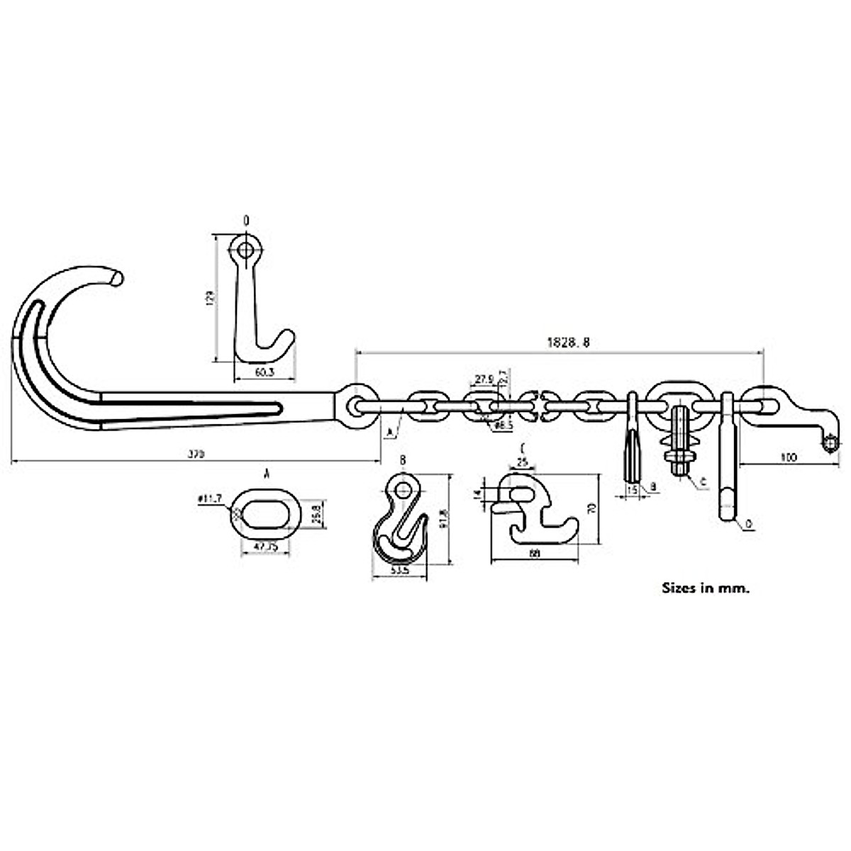Mytee Products 5/16" x 6' Long Shank J Hook Tow Chain with RTJ Cluster & Grab Hook, 4700 lbs WLL - Heavy Duty Grade 70 Transport Tow Chain J Hook