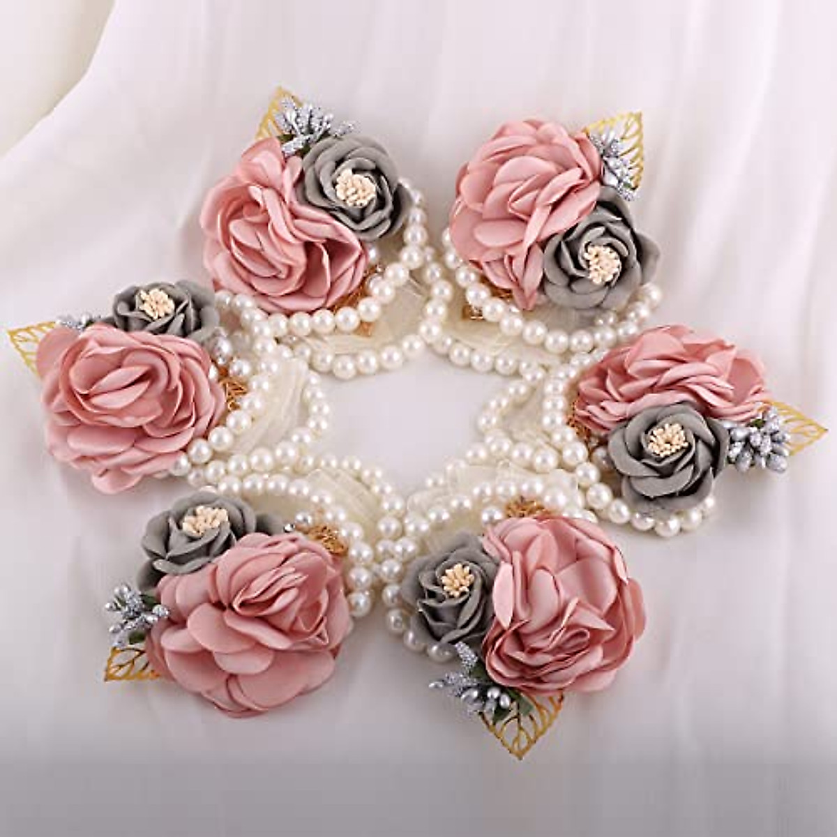 Elandy 1PC Rose Flower Wedding Bride Wrist Corsage Wristlet Band Faux Pearl Bracelet Bridesmaid Wrist Corsage Decor for Wedding Prom Party