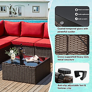 HOMREST 7 Piece Patio Furniture Set, PE Rattan Sectional Sofa, High Back Outdoor Furniture Set, Wicker Patio Conversation Set with Cushion and Glass Table for Garden, Backyard, Poolside(Khaki+Red)