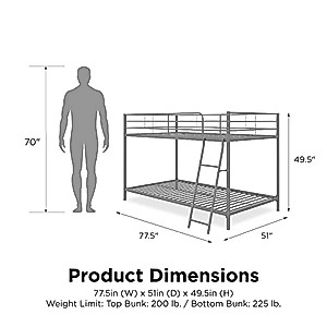 Junior Loft Bed Frame with Ladder, Twin-Over-Twin Bunk Bed with Metal Frame and Ladder with Safety Guard Rail & Sturdy Inclined Ladder,No Box Spring Needed,Twin,Black