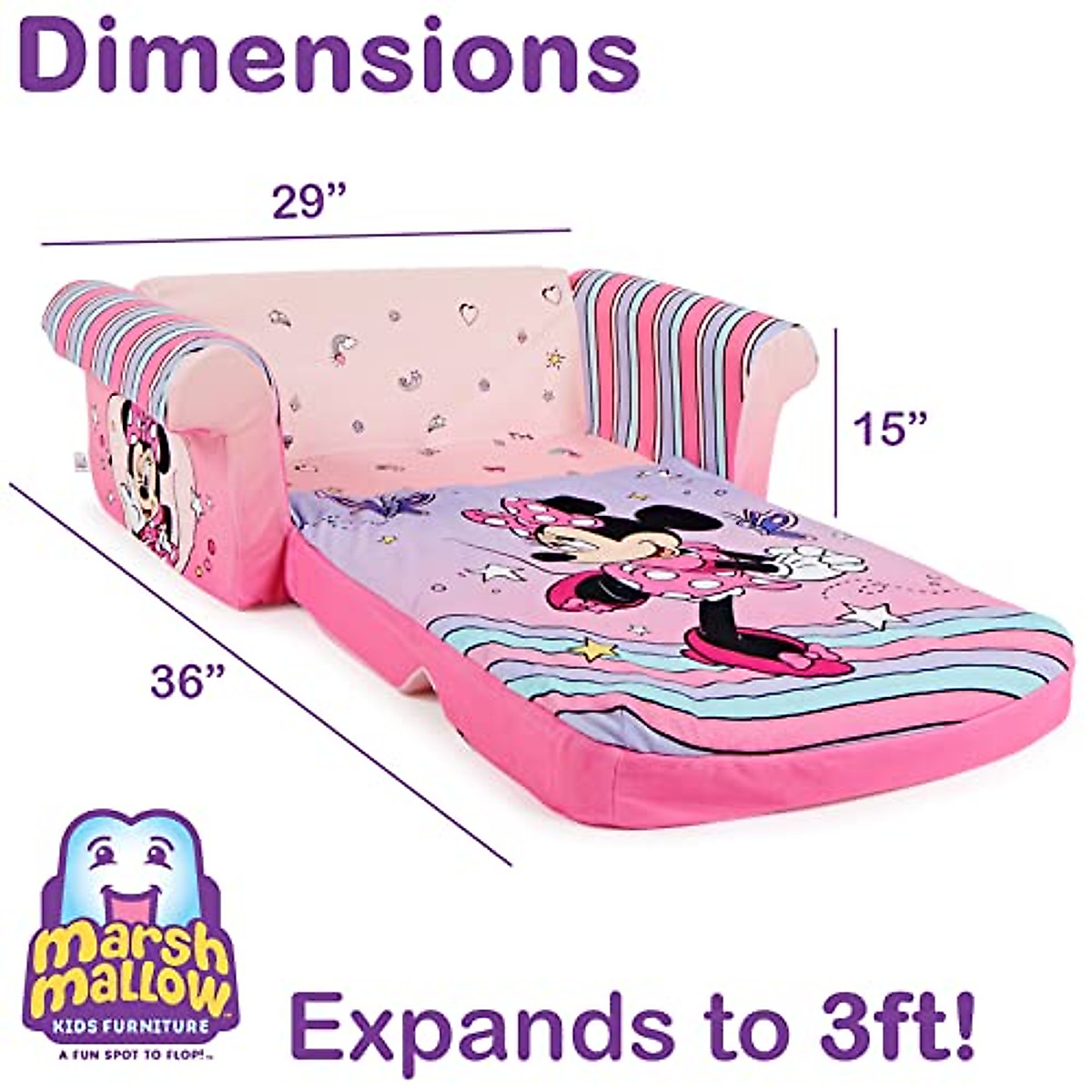 Marshmallow Furniture, Minnie Mouse 3-in-1 Slumber Sofa, Foam Toddler Nap Mat with Attached Blanket