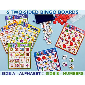 Party Hearty Alphabet and Number, ABC and 123 Bingo Board Game for Kindergarten and Preschool Kids Learn to Read Fun 2 Versions for Ages 4 and Up (Food Edition)