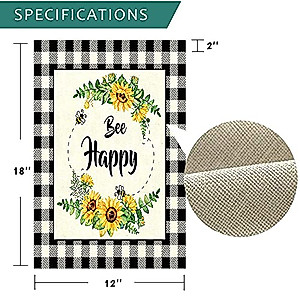 JAWO Welcome Sunflower Bee Happy Garden Flag, Spring Summer Flower Buffalo Plaid Check Decor Farmhouse Outside Decoration Outdoor Small Burlap Flags, Vertical Double Sided Seasonal Yard Flag 12"X18"