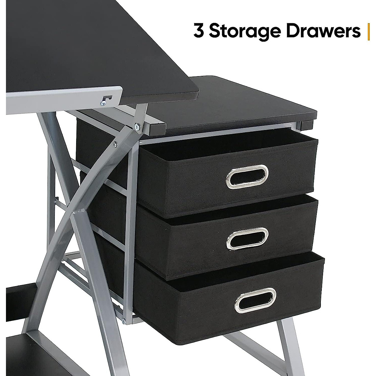 BBBuy Drafting Table Drawing Desk Art Craft Adjustable Tabletop Craft Table w/ 3 Slide Drawers and Stool Set Art Design Workstation for Writing, Painting, Sketching for Home Office, Black