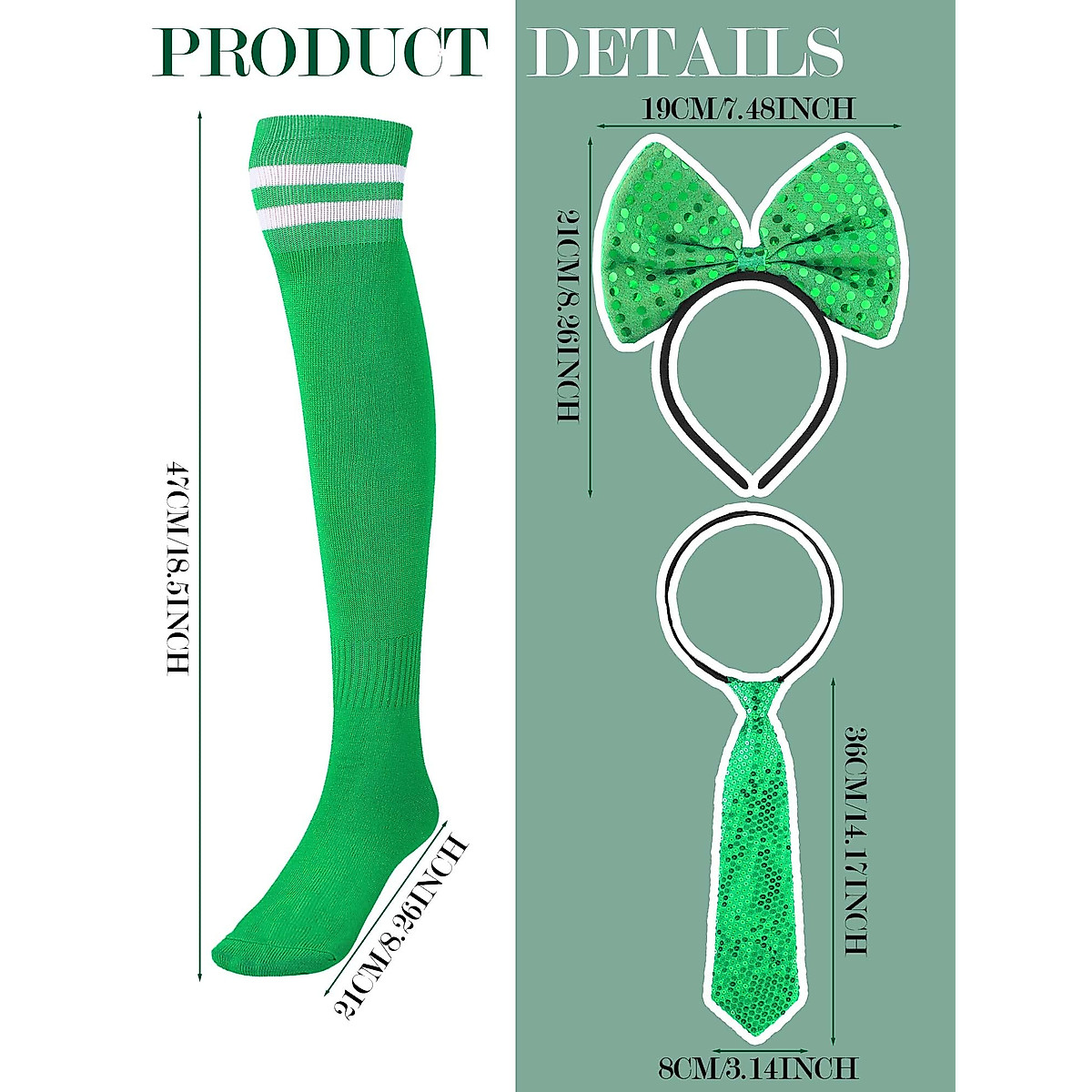 5 Pcs St Patrick' S Day Costume Accessories Set Includes Green High Socks Green Bow Headband Y Shape Suspenders Neck Tie Gree Bow Tie for Women Men St.Patrick's Day Decoration Party Supplies