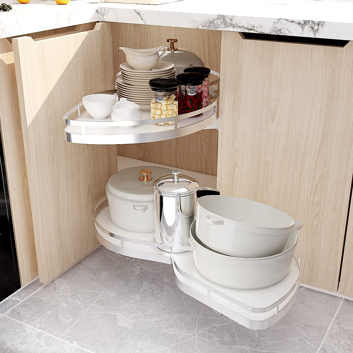 WHIFEA Blind Corner Pull Out Cabinet Organizer, Soft Close 2 Tier Swing Tray, Non-Slip Spice Rack for 36 inch Kitchen Cabinet, Heavy Duty Storage Organizer, Adjustable Height