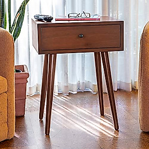 Decor Therapy Mid Century 1-Drawer Wood Side Table, Light Walnut