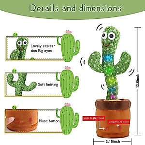 Dancing Cactus Mimicking Toy | Talking Singing Plush Doll | USB Charging | for Babies and Toddlers | Repeats What You Say | 120 Songs Built-in | LED Light Up | English & Spanish