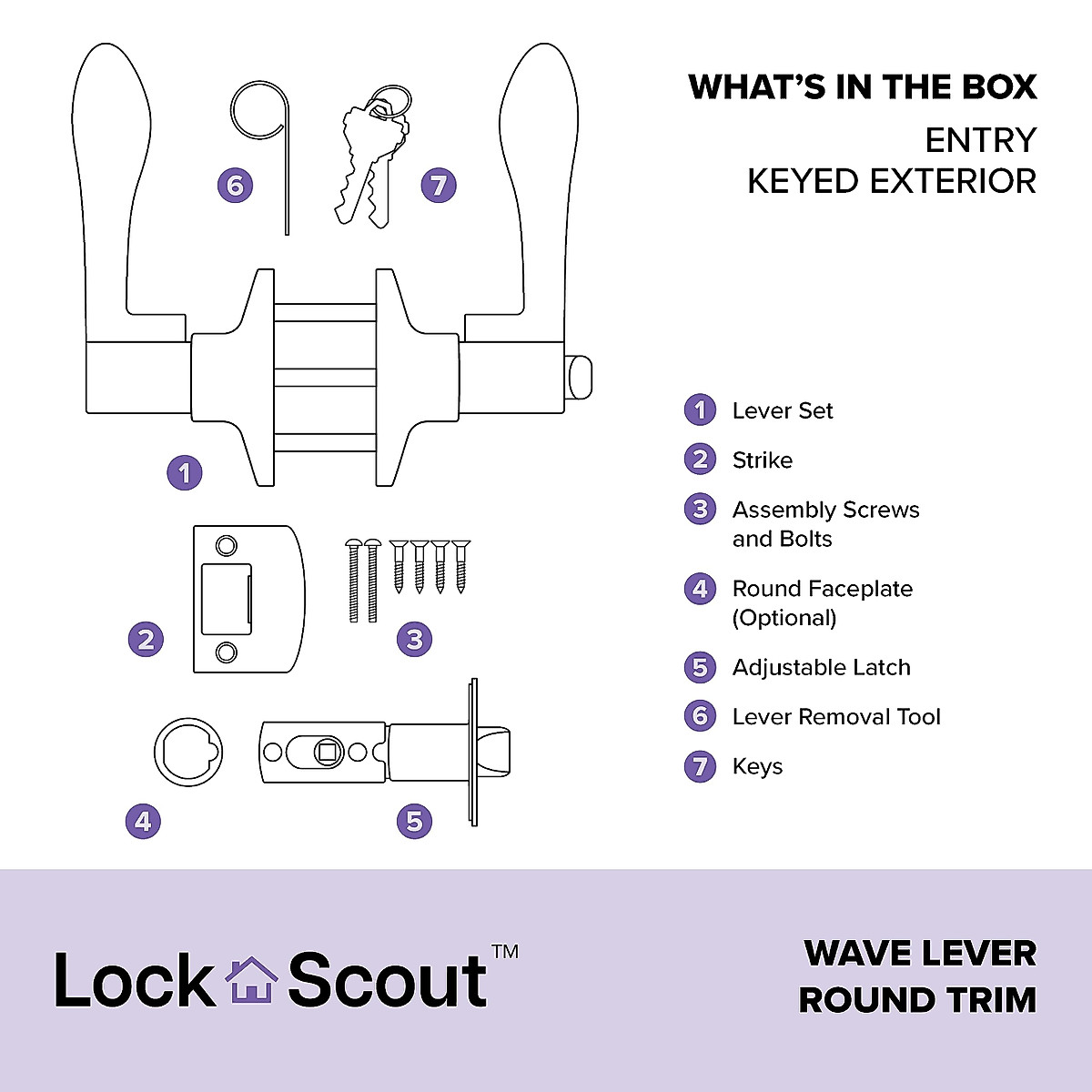 Lock Scout Wave Lever with Round Trim Keyed Entry Door Handle, Satin Nickel Finish