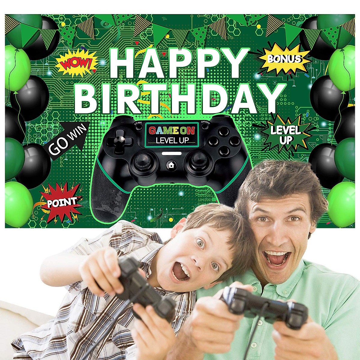Happy Birthday Game on Level up Green Extra Large Fabric Sign Poster Background Banner 2pcs Waterproof tablecloths and 50pcs Metallic Shiny Latex Balloons for Game Theme Birthday Party Decoration