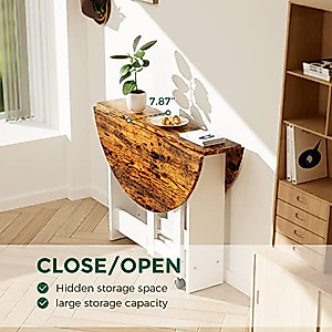 Kasshom Folding Dining Table Upgrade Version, Convertible Drop Leaf Table for Kitchen/Farmhouse/Living Room, Space Saving Dining Room Table with 2 Layer Storage Racks, Rustic Brown