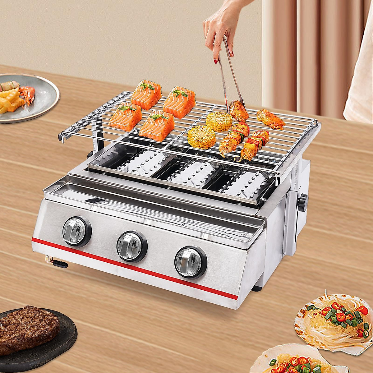 Commercial Gas LPG Grill, 3 Burners Smokeless Gas Grill with Separate Switch, Portable Barbecue Gas LPG Grill with Oil Catching Pan & Food Pan, BBQ Gas Grill for Indoor, Outdoor