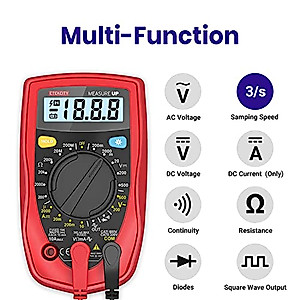 Etekcity Digital Multimeter, AC DC Voltmeter Amp Volt Ohm Current Meter, Electrical Voltage Outlet Circuit Tester With Continuity Resistance Diode Test ,Two Build-In Ceramic Fuses, Red, MSR-R500