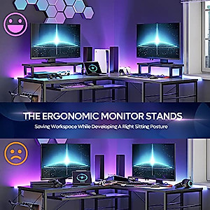 Bestier L Shaped Gaming Desk with Led Light 59.4 Inch Computer Corner Desk or 2 Person Long Table with Shelves Monitor Stand and Keyboard Tray for Home Office, Carbon Fiber Black
