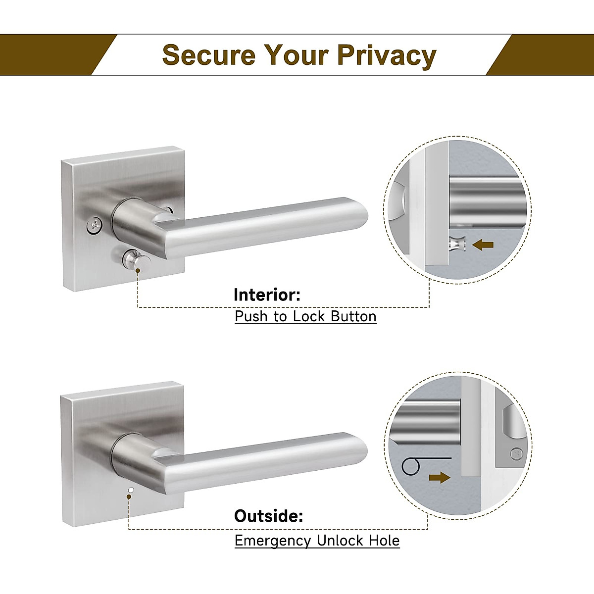 HOSOM 6 Pack Privacy Door Handles for Bedroom, Bathroom & More Interior Door Levers Keyless Reversible Square Door Locks, Satin Nickel