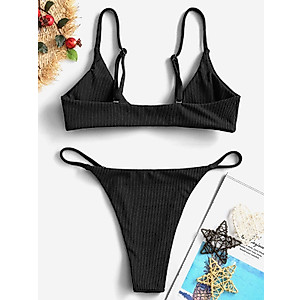 ZAFUL Women's Ribbed O-ring String Bikini Swimsuit Two Pieces Bathing Suit Black