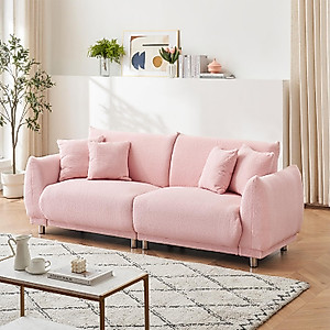 YCDIPING Comfy Teddy Wool Sofa Set with 4 Throw Pillows & Metal Legs 86.6" Apartment Size 4 Colour Choices Cozy Sitting (Pink)