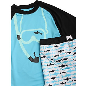 iXtreme Boys' Rash Guard Set - 4 Piece UPF 50+ Swim Trunks and Long Sleeve Swim Shirt (12M-14), Size 7, Royal/Black Shark