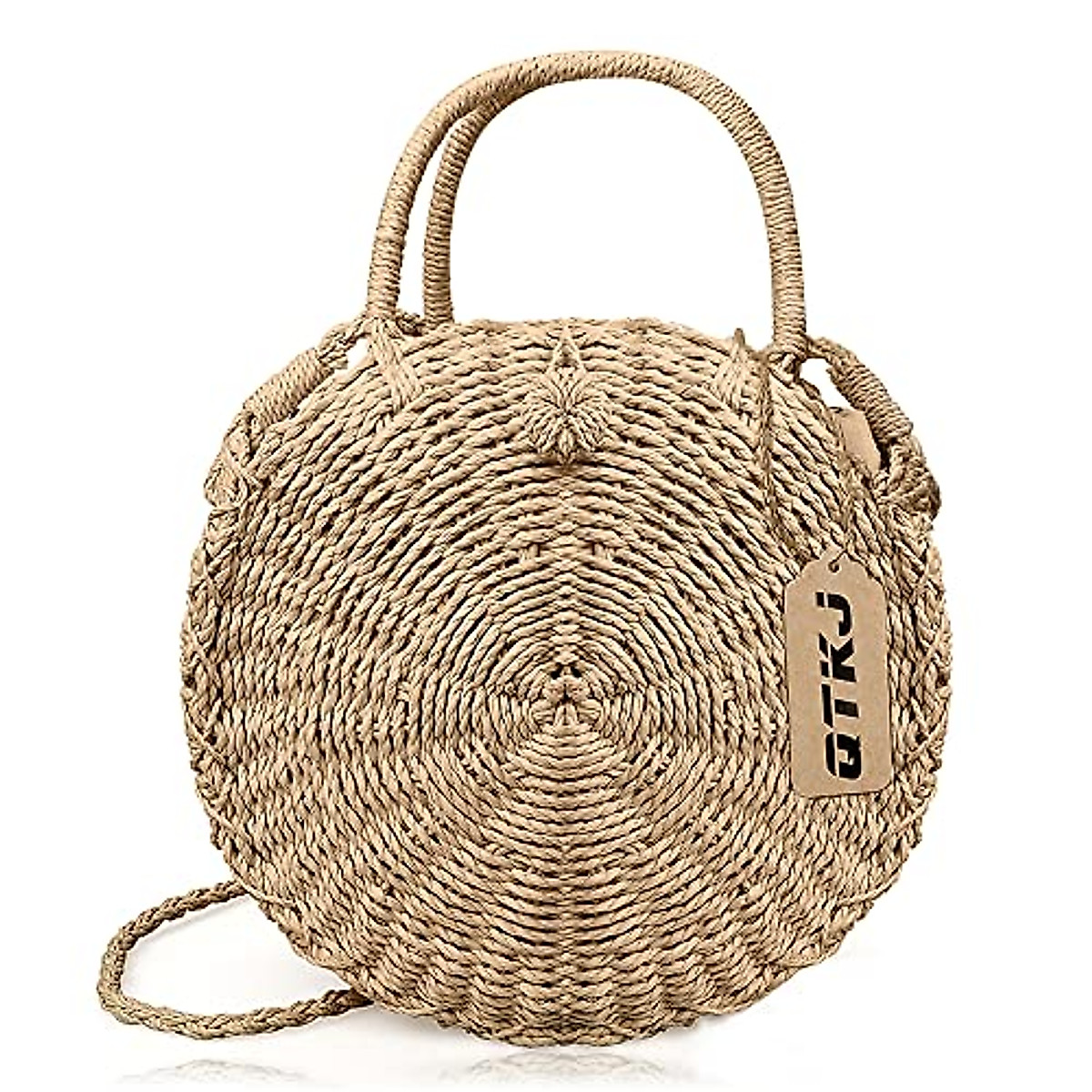 QTKJ Mini Beach Round Rattan Straw Bag, Summer Hand Woven Bali Straw Tote Crossbody Handbag for Womens, Round Handle Beach Handbags (Khaki)