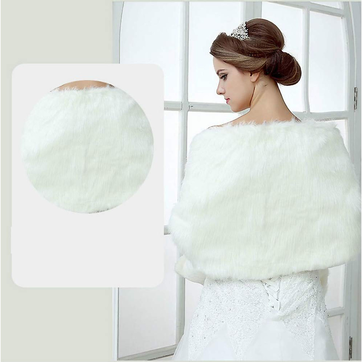 Mydio Faux Fur Shawl Wrap Stole Cape，Shawl Wrap Faux Fur Scarf Stoles for Wedding Dresses (White)