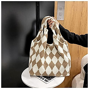 ESHMei Women's Plaid Plush Underarm Bag Large Capacity Fluffy Shoulder Bag Women Furry Plush Tote Handbag, Khaki