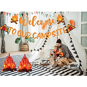 Camping Themed Party Decorations,Pre-strung Glitter Welocme to Our Campsite Banner with 3D Campfire,Camping Decor Camp Out Bachelorette Party Decorations Supplies