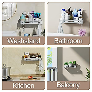newaredy Bathroom Shelves Storage Shower Shelves Wall Mounted Shower Caddy Shelf Aluminum Adhesive Bathroom Organizer Storage Basket Corner Shelf with 2 Hooks