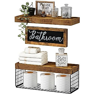 QEEIG Bathroom Decor Shelves Over Toilet - Farmhouse Decorations Aesthetic Décor Sign Small Floating Wall Shelf Paper Storage 2+1 Set 16 inch, Rustic Brown (020BN)