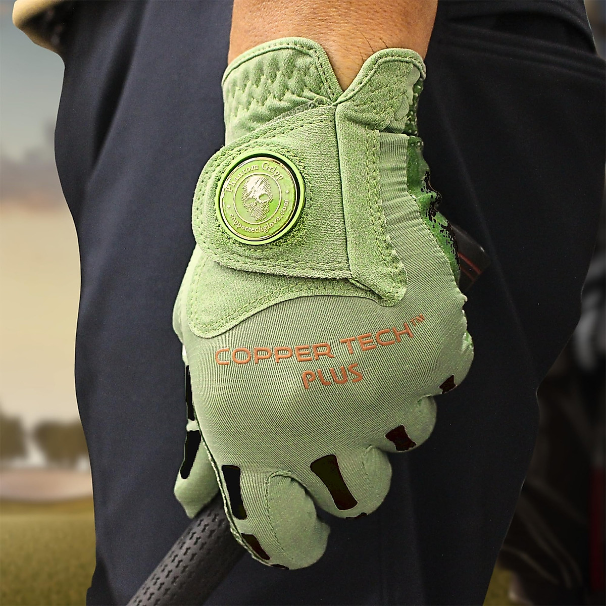 XEIRPRO Copper Tech Men's Golf Gloves - Skeleton Pattern with Ball Marker – Perfect for Summer - Copper Infused Mens Golf Gloves (Green/Black, XL, Left)