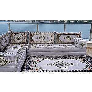 Gray L Shaped Arabic Sofa Set, Floor Couch, Sectional Sofas, Arabic Majlis, Turkish Rug, Couch Covers for 3, Sofa Bed, Poufs (L Sofa + Rug)