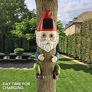 Gnome Solar Tree Hugger Sculpture with LED Lights for Outdoor Decoration - Funny Figurine for Lawn, Yard, and Garden