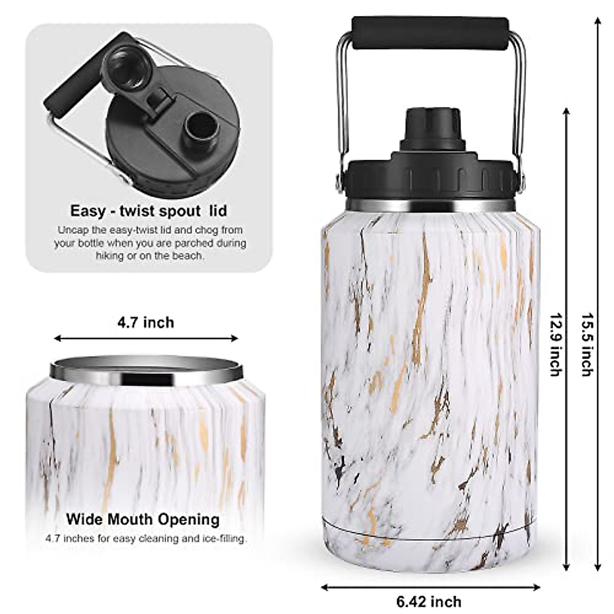 Sursip 128 Oz Insulated Water Bottle,One Gallon Vacuum Stainless Steel Double Walled Water Jug with 1pcs 30 OZ Mug(Inclue Brush/Straw)/Jug backpack,Sports,Travel,Games,Home use,School-marble