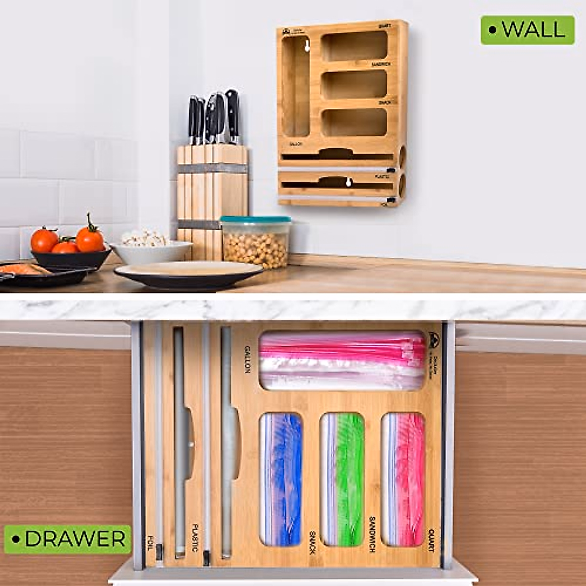 Declutter - Bamboo Ziploc Bag Organizer with Dual Dispensers and Cutters - Kitchen and Home Organization Tool for Gallon, Quart, Sandwich, Snack Bags - Fits in Kitchen Cabinets and Drawers