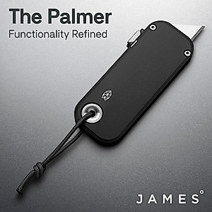 JAMES° The Palmer Utility Knife, Anodized Aluminum Handles, Buttery Smooth Action, Refined Tool Free Blade Changes, Black Grip