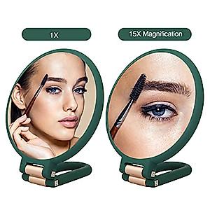 FUHUIM 1x 15x Magnifying Handheld Mirror, Double Sided Pedestal Magnification and True Image Makeup Mirror, Compact Size and Portable Vanity Cosmetic Mirror for Girl (Army Green)