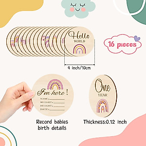 16 Pieces Wooden Baby Monthly Milestone Cards Baby Monthly Milestone Marker Discs Double Sided Monthly Milestone Wooden Circles Baby Months Signs for Baby Shower Newborn Photo Props(Rainbow)