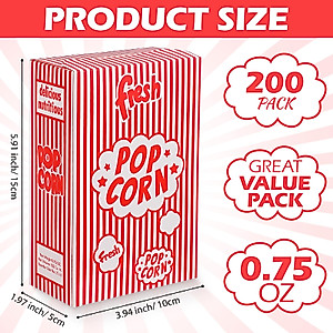 Ireer 200 Pcs 0.75 oz Popcorn Boxes, Close Top Popcorn Containers for Movie Party, Bulk Red and White Striped Paper Popcorn Boxes for Popcorn Machine Theater Night Party Carnival Circus Party Supply