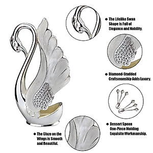 Swan Base Holder with 6pcs Coffee Dessert Dinner Spoon Set, Metal Coffee Spoon Organizer Teaspoon Fruit Dessert Flatware Sugar Ice Cream Spoons (Silver)