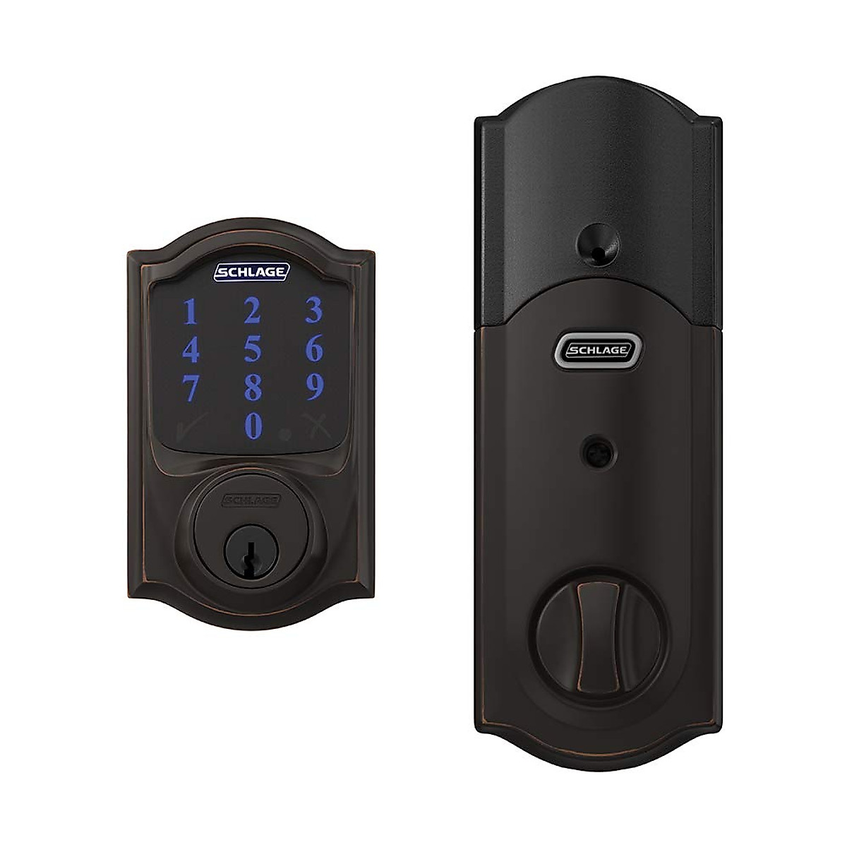 SCHLAGE BE469ZP CAM 716 SCHLAGE Connect Smart Deadbolt With Alarm Inbuilt Camelot Trim In Aged Bronze