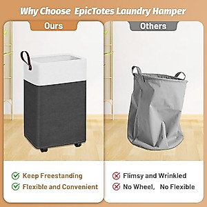 EpicTotes 24.4-Inches Rolling Slim Laundry Basket on Wheels, Collapsible & Waterproof Laundry Hamper, Freestanding Narrow Corner Clothes Bins with Easy Carry Handles for Clothes at Home, Grey