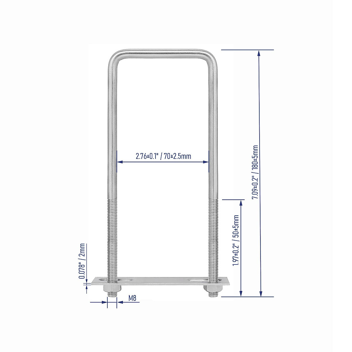 FOCMKEAS 2 Sets 304 Stainless Steel Square U-Bolts 2.76"(70mm) Inner Width, 7.09"(180mm) Length Stainless M8 with Nuts, Frame Plate, Accessories for Automobiles Trailer, Boat Trailer Industrial Parts